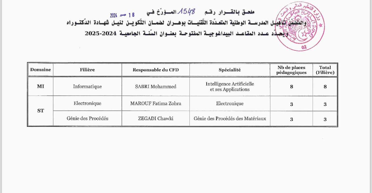 Le calendrier du concours de doctorat pour l'année universitaire 2024-2025 - ENPO